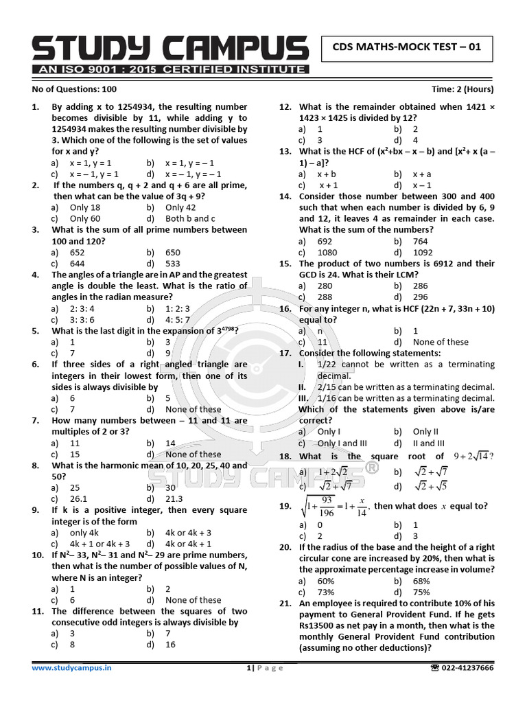 Cds Maths Mock Test 01 2021 | PDF | Circle | Area