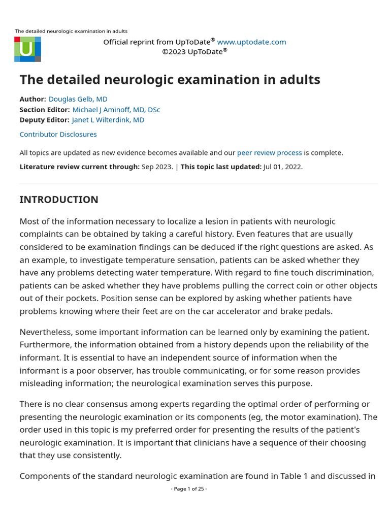 The Detailed Neurologic Examination in Adults | PDF