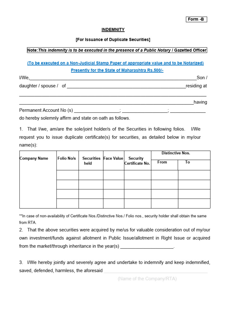 Form-B (Indemnity) | PDF | Indemnity | Notary Public
