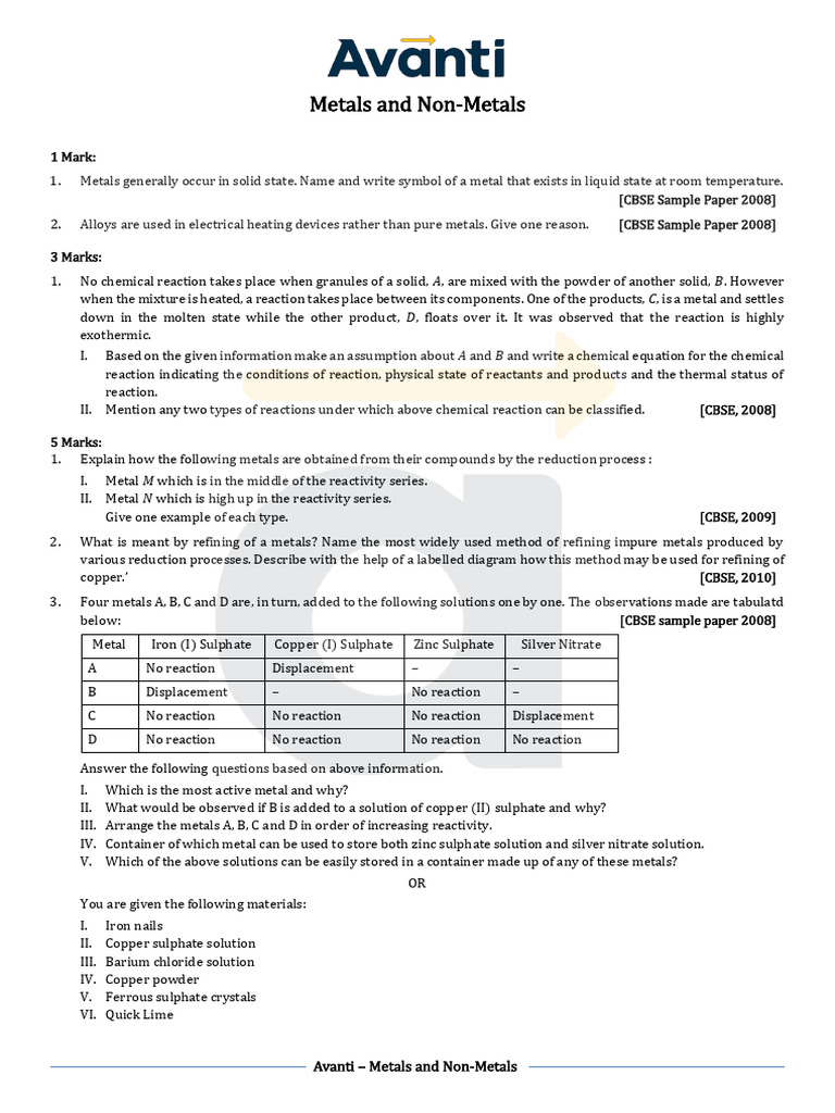 Metals and Non Metals Previous Years Questions | PDF | Metals ...