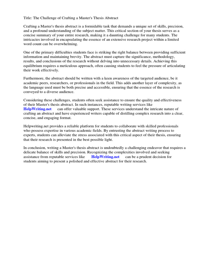 Writing A Masters Thesis Abstract | PDF
