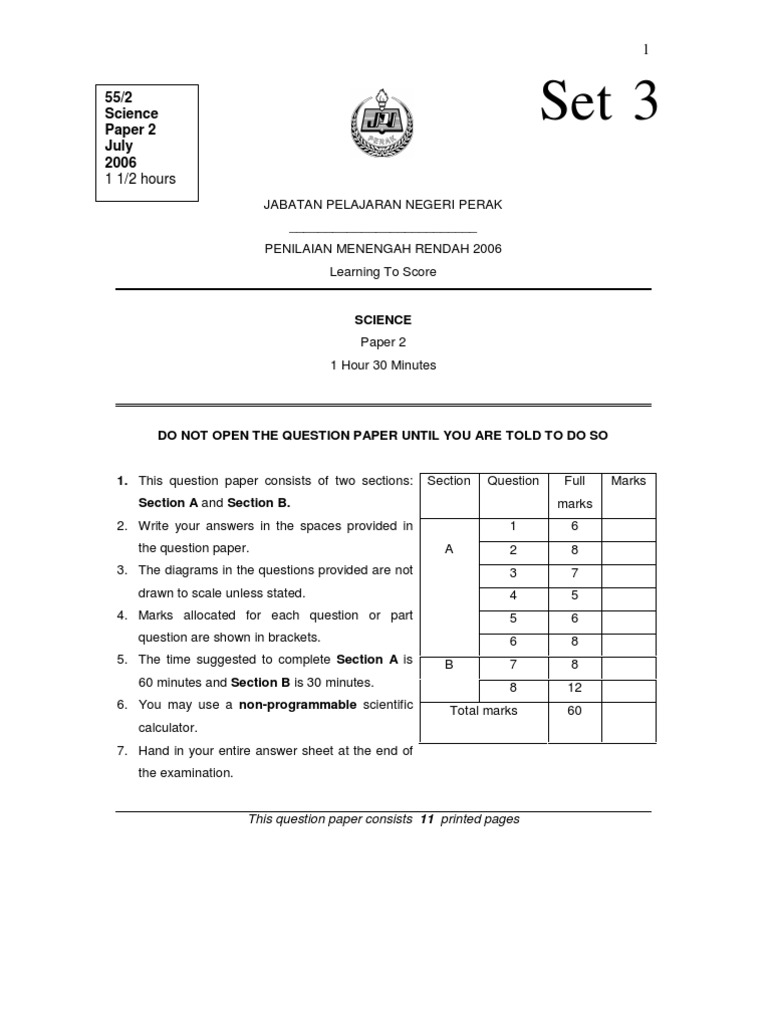 PMR Science Paper 2 Set 3 | PDF | Physical Sciences | Physics