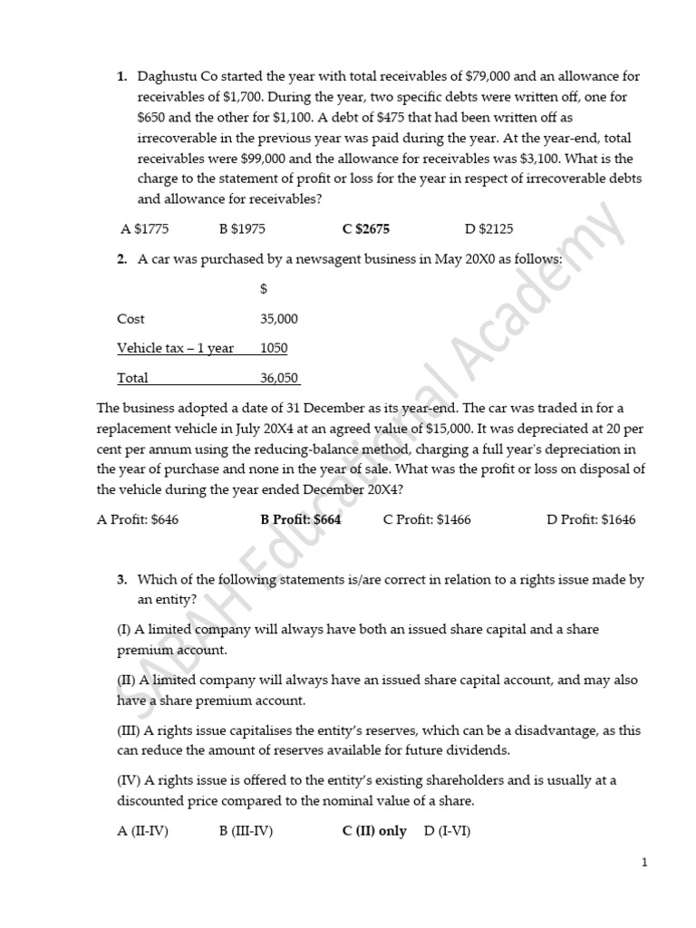 Acca Fa Trial Exam 1 Questions Pdf Debits And Credits