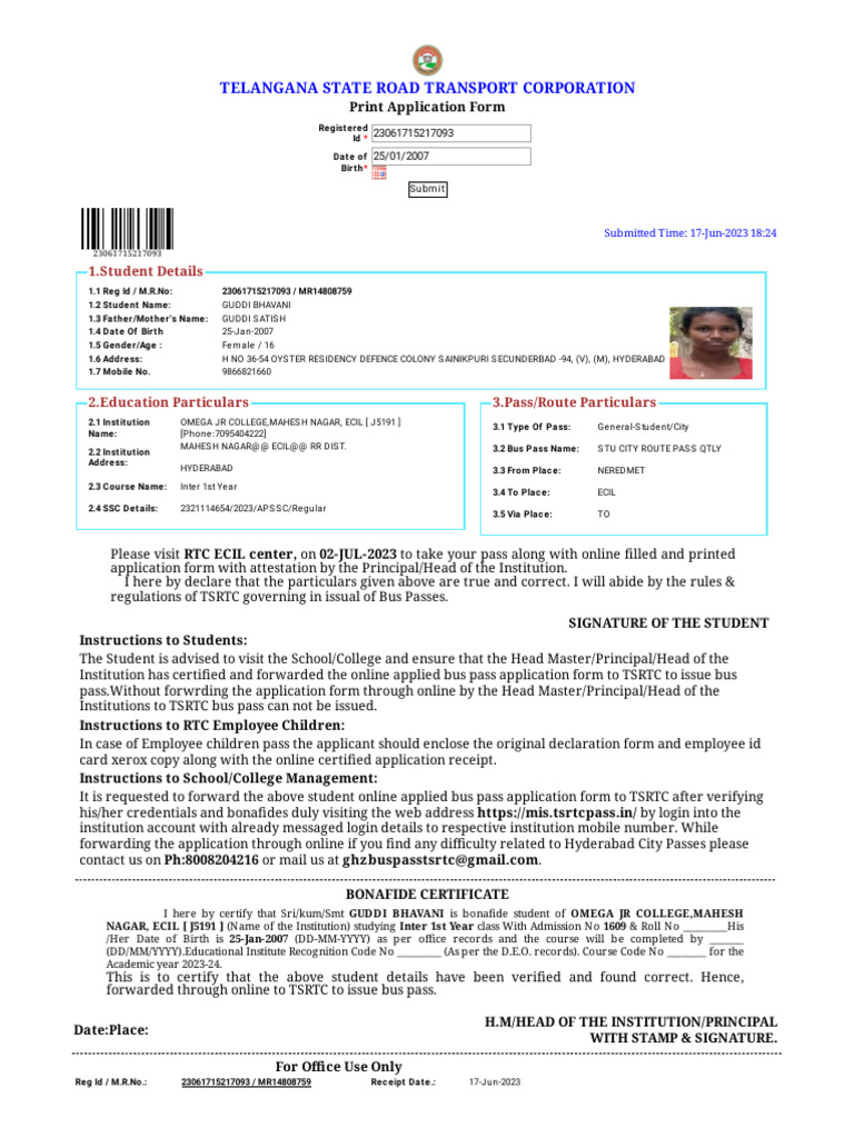 TSRTC Bus Pass | Download Free PDF | Bus Transport
