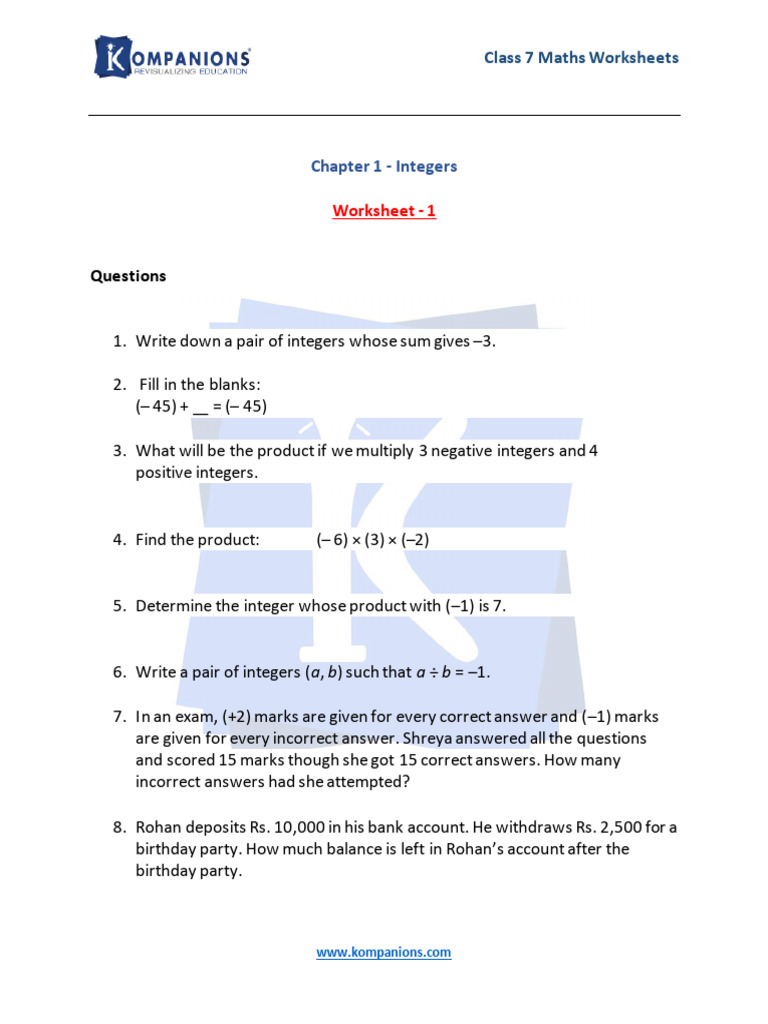 Class 7 Maths Chapter 1 Integers Worksheet 1 | PDF | Games & Activities | Teaching Methods ...
