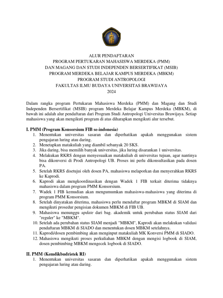 Alur Pendaftaran PMM Dan Msib MBKM Prodi Antropologi Ub 20232024 | PDF