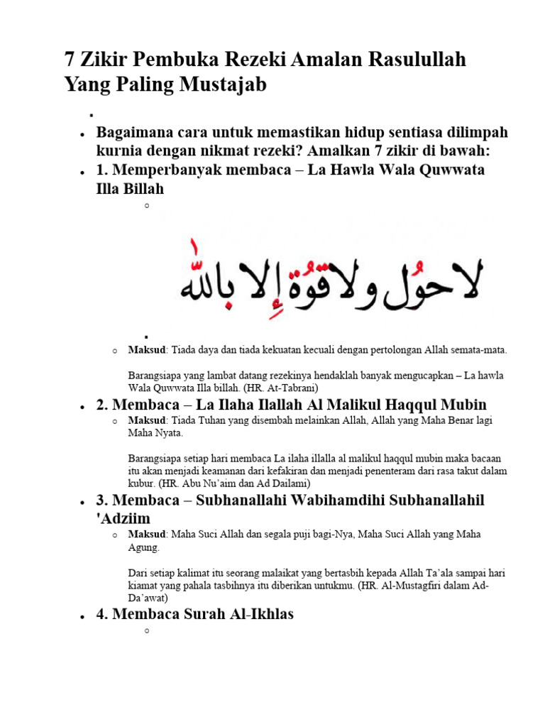 7 Zikir Pembuka Rezeki Amalan Rasulullah Yang Paling Mustajab | PDF