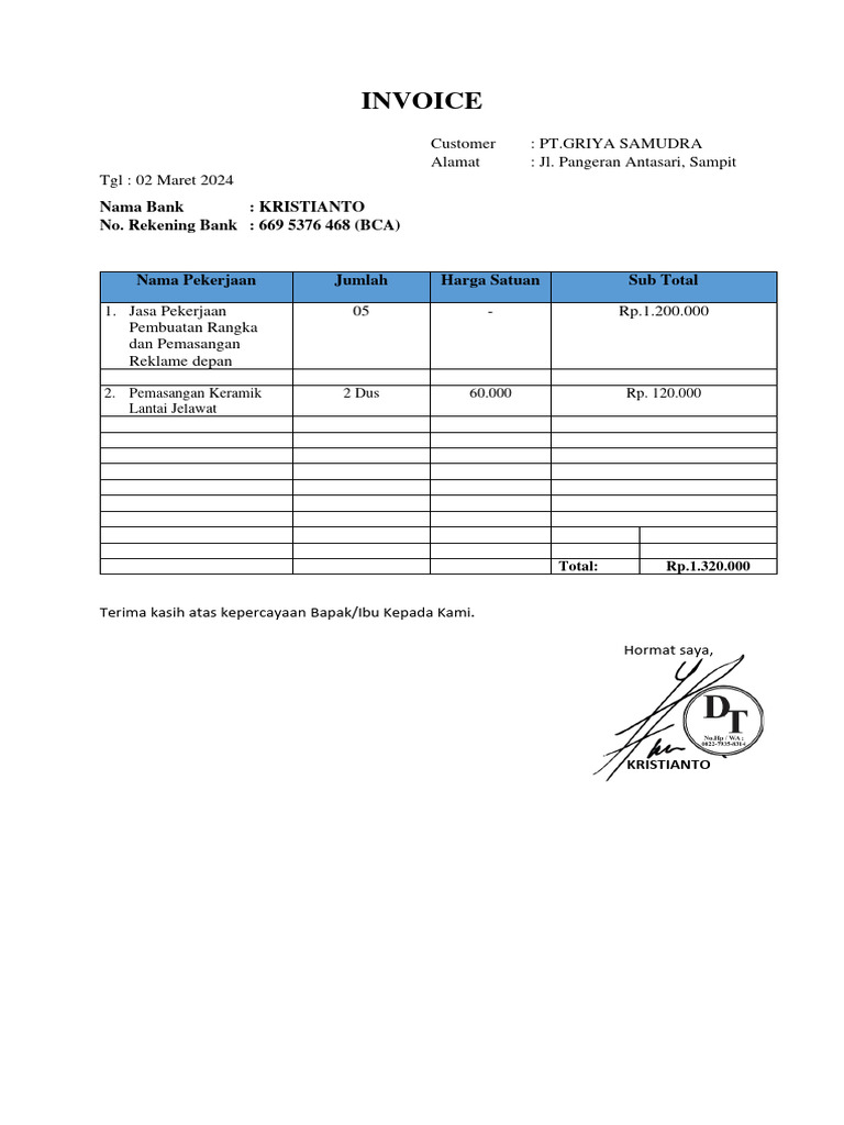 Surat Invoice Pak Kris Ke Griya Samudra Terbaru Pekerjaan Jasa Kerja | PDF