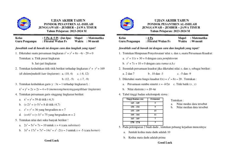 SOAL MTK UAS KLS 4 PA & 5 PAPI (Jur Ipa) | PDF