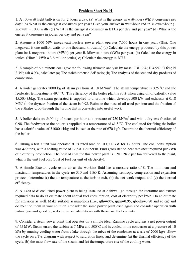 Fossil Fuels-Problem Sheet 01 | PDF | Watt | Power Station