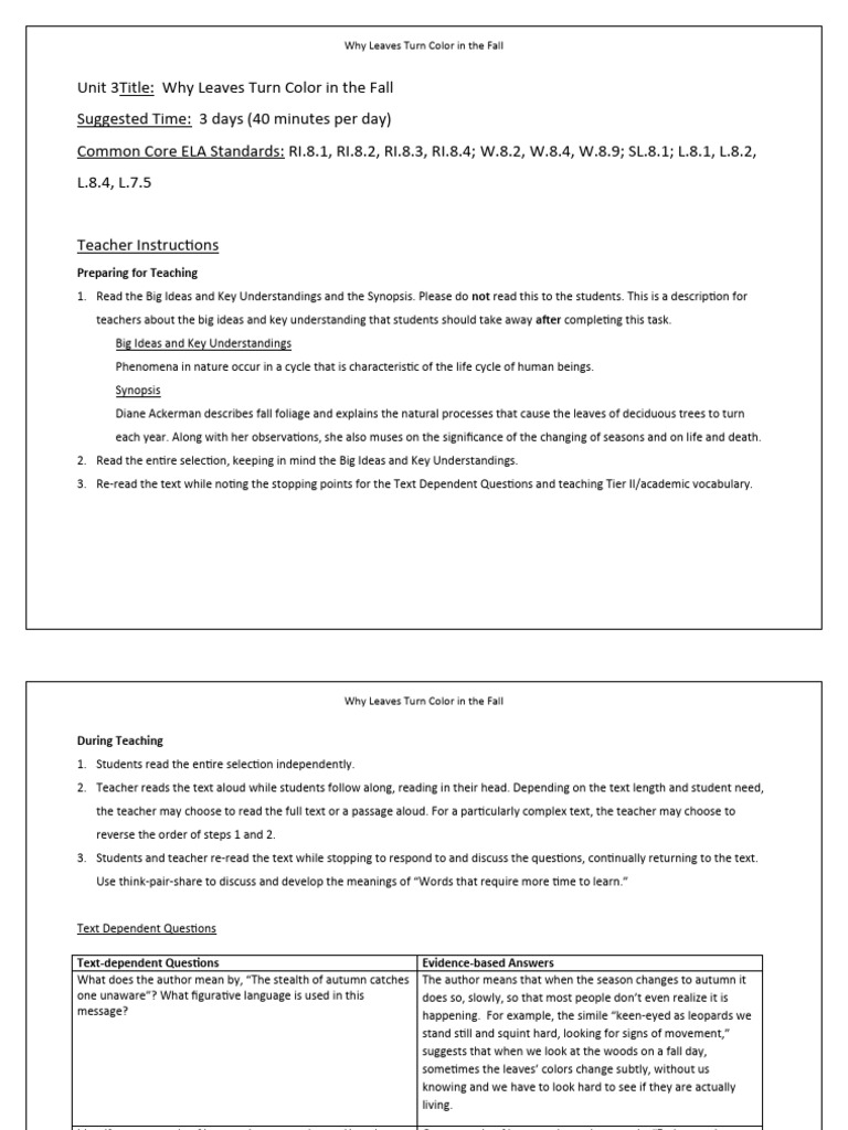 Why Leaves Turn Color. Lesson - Story | PDF