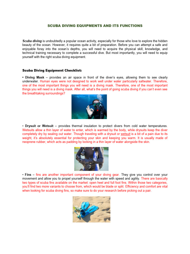 Scuba Diving Equipments and Its Functions | PDF