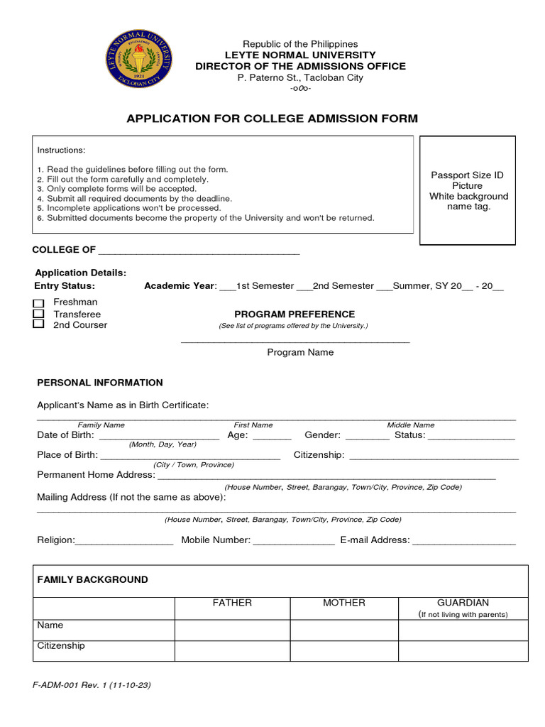 F-ADM-001 Rev.1 (11!10!2023) Application For Admission Form | PDF ...