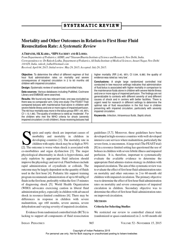 Mortality and Other Outcomes in Relation To First Hour Fluid Resuscitation Rate: A Systematic ...