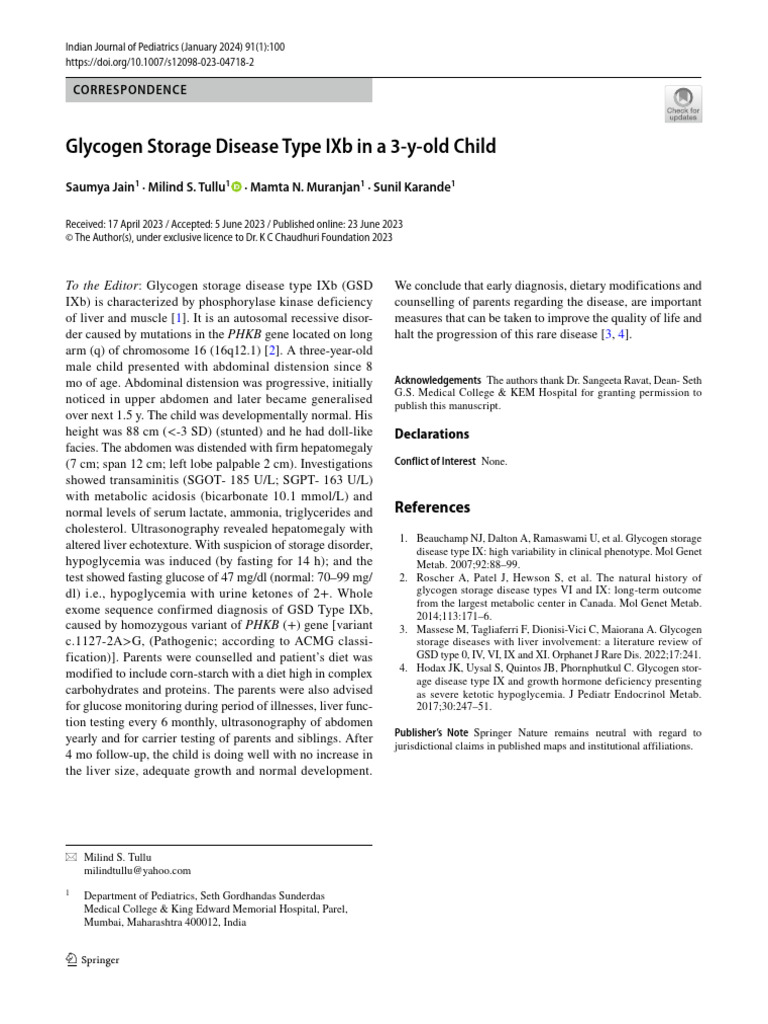 Glycogen Storage Disease Type Ixb in A 3 Y Old Child: Saumya Jain ...