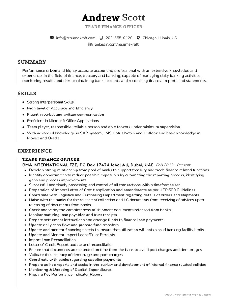 Trade Finance Officer Resume Summary | PDF