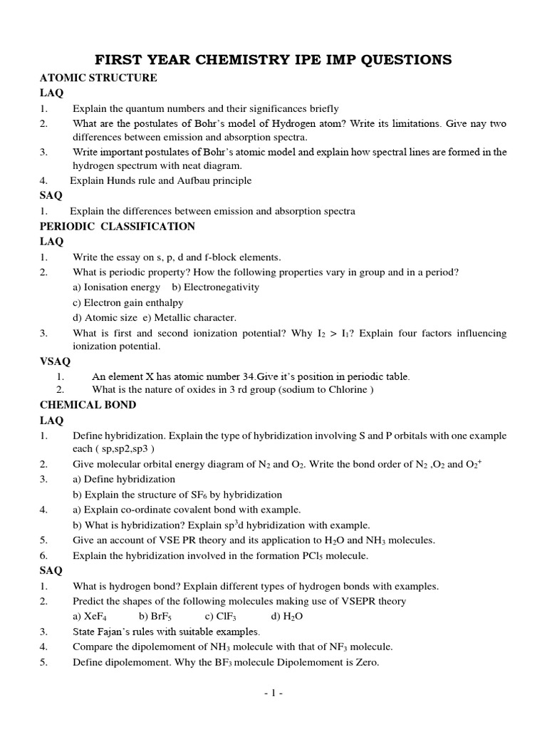 First Year Chemistry Very Important Questions Half Yearly | PDF | Gases ...