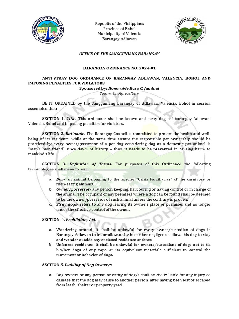 Ordinance STRAY DOGS Adlawan | PDF | Dogs | Legal Liability