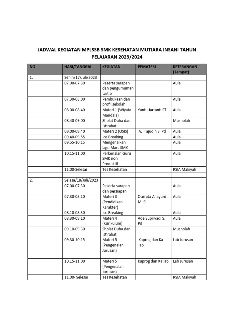 Jadwal Kegiatan Mpls SMK 2023 | PDF