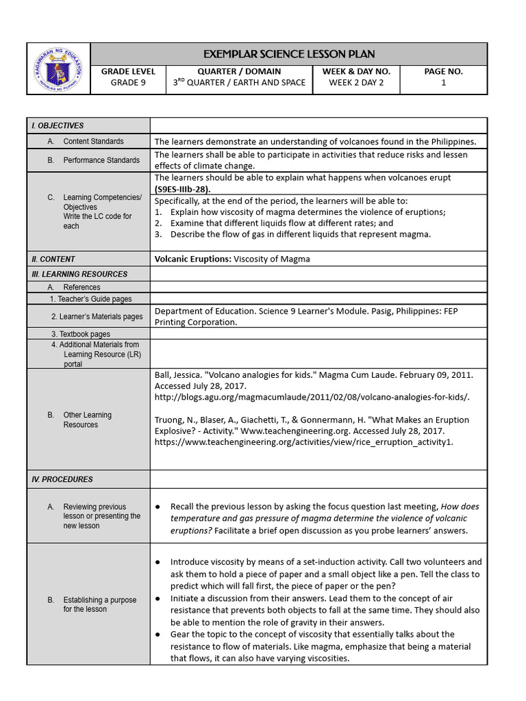 Exemplar Science Lesson Plan: Grade Level Quarter / Domain Week & Day ...