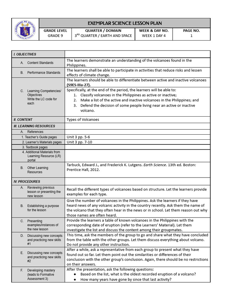 Exemplar Science Lesson Plan: Grade Level Quarter / Domain Week & Day ...