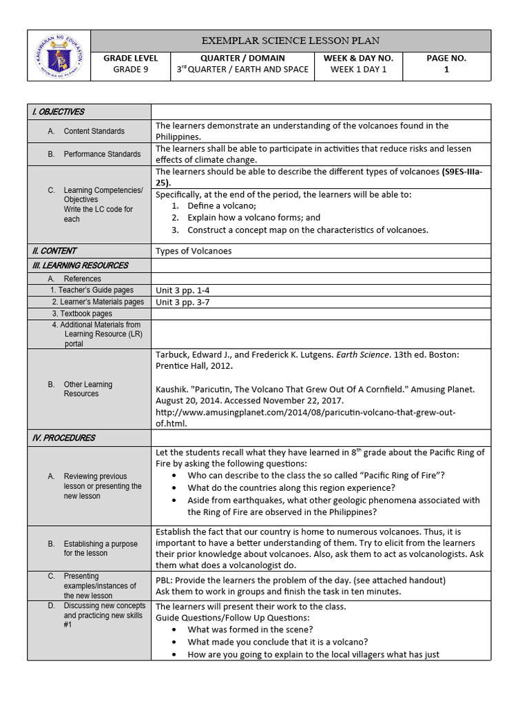 Exemplar Science Lesson Plan: Grade Level Quarter / Domain Week & Day No. Page No. 1 | PDF ...