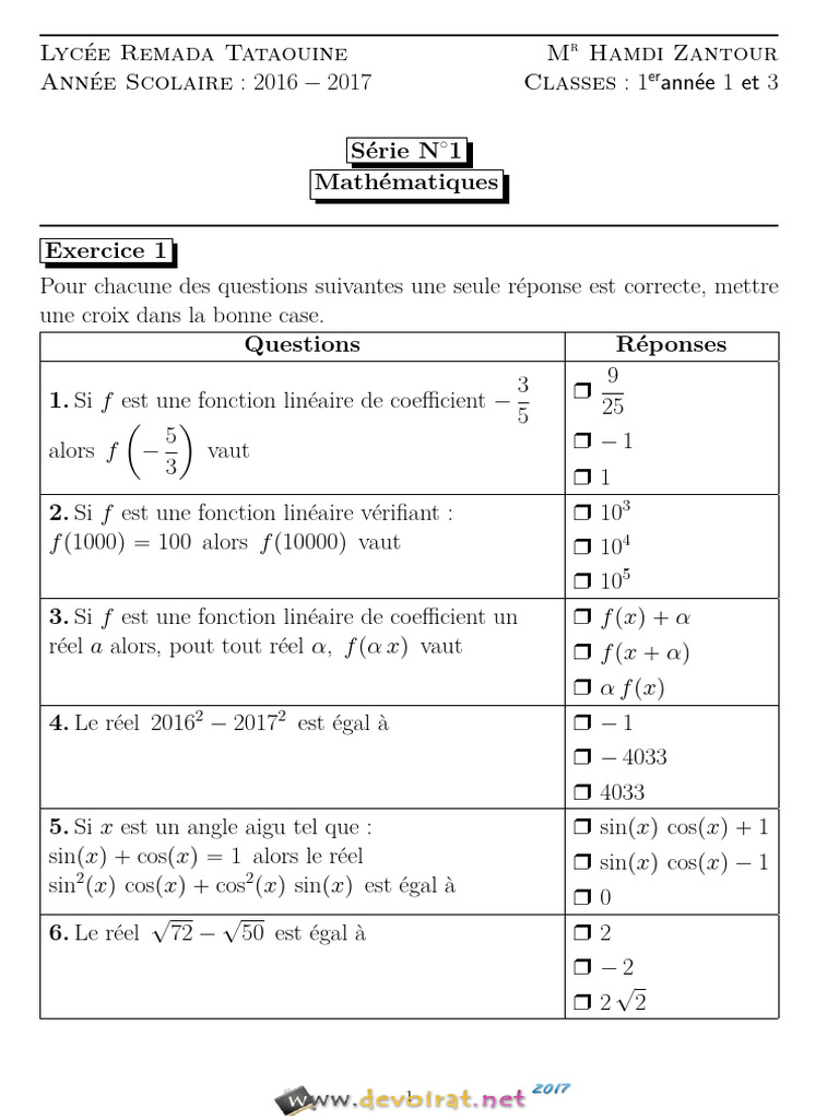 Série D'exercices N°1 - Math - Fonction Linéaire - Rapports ...