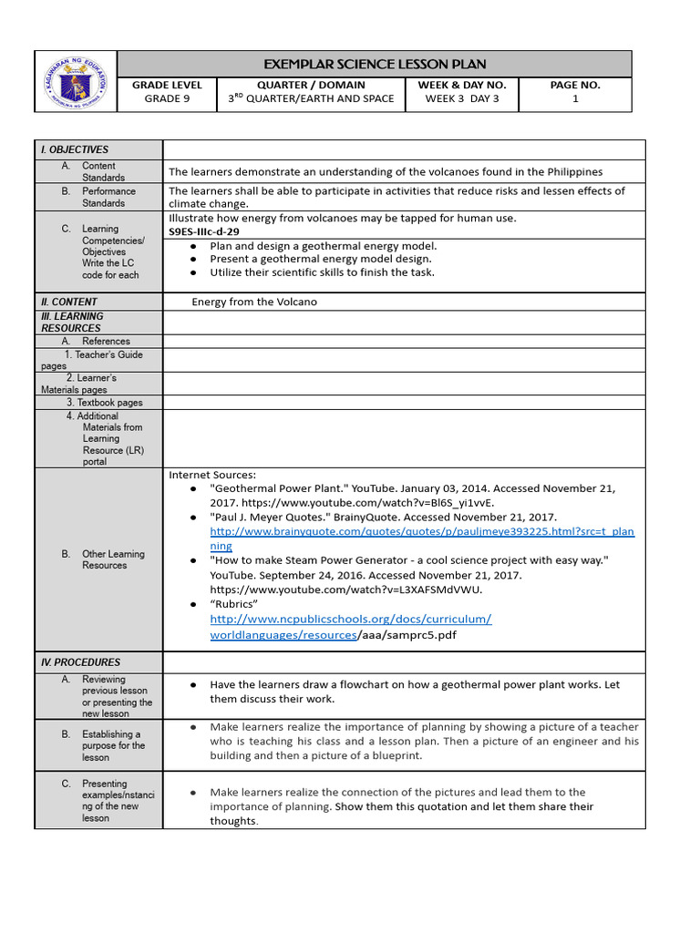 Exemplar Science Lesson Plan: Grade Level Quarter / Domain Week & Day ...