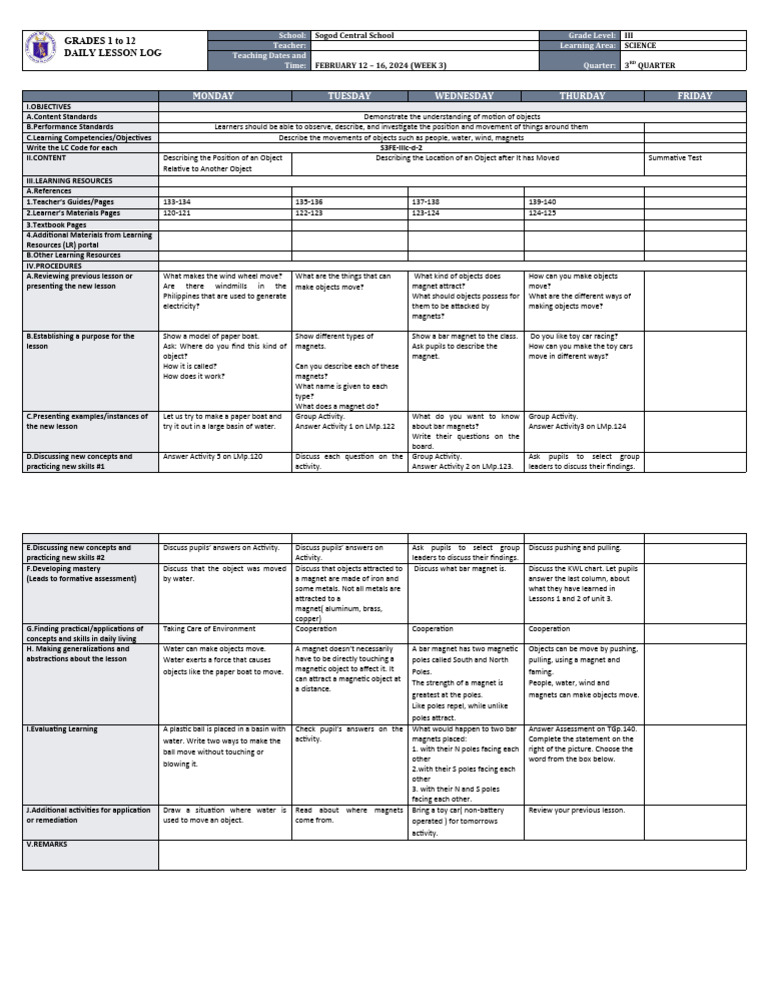 Grade 3 Science Daily Lesson Log | PDF