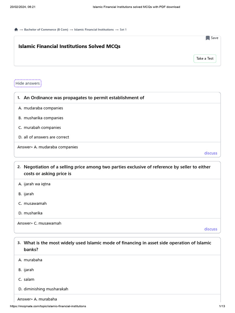 Islamic Financial Institutions Solved Mcqs With Pdf Download Pdf