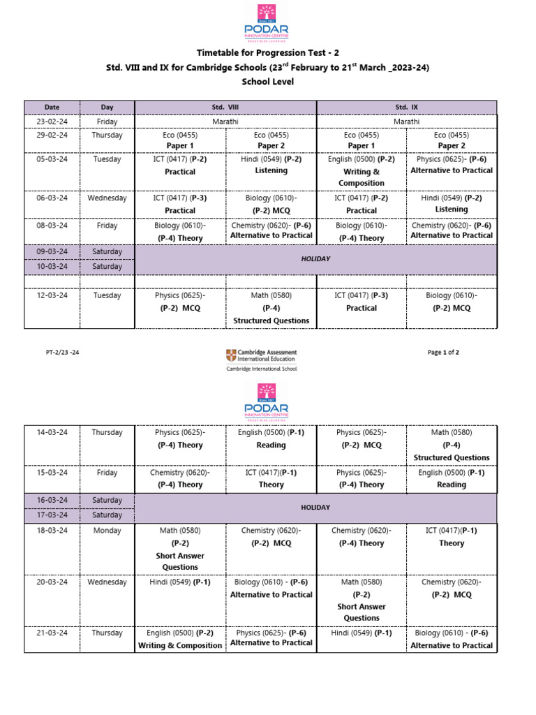 Cambridge - Timetable - STD VIII - IX - PT2-2 | PDF