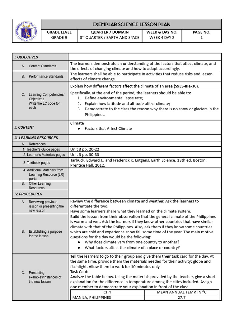Exemplar Science Lesson Plan: Grade Level Quarter / Domain Week & Day No. Page No | PDF ...