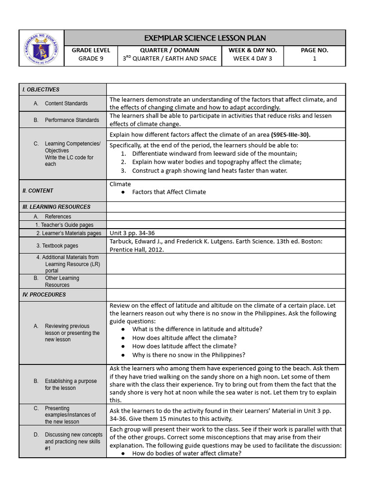 Exemplar Science Lesson Plan: Grade Level Quarter / Domain Week & Day ...