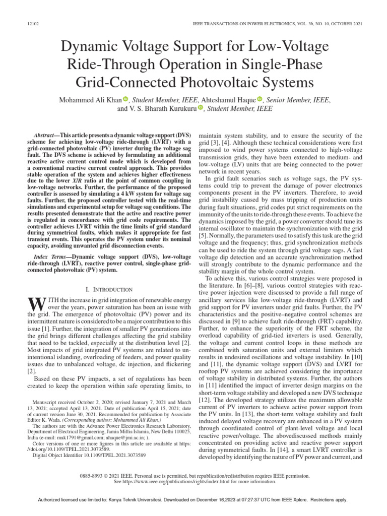 Dynamic Voltage Support For Low-Voltage Ride-Through Operation in Single-Phase Grid-Connected ...