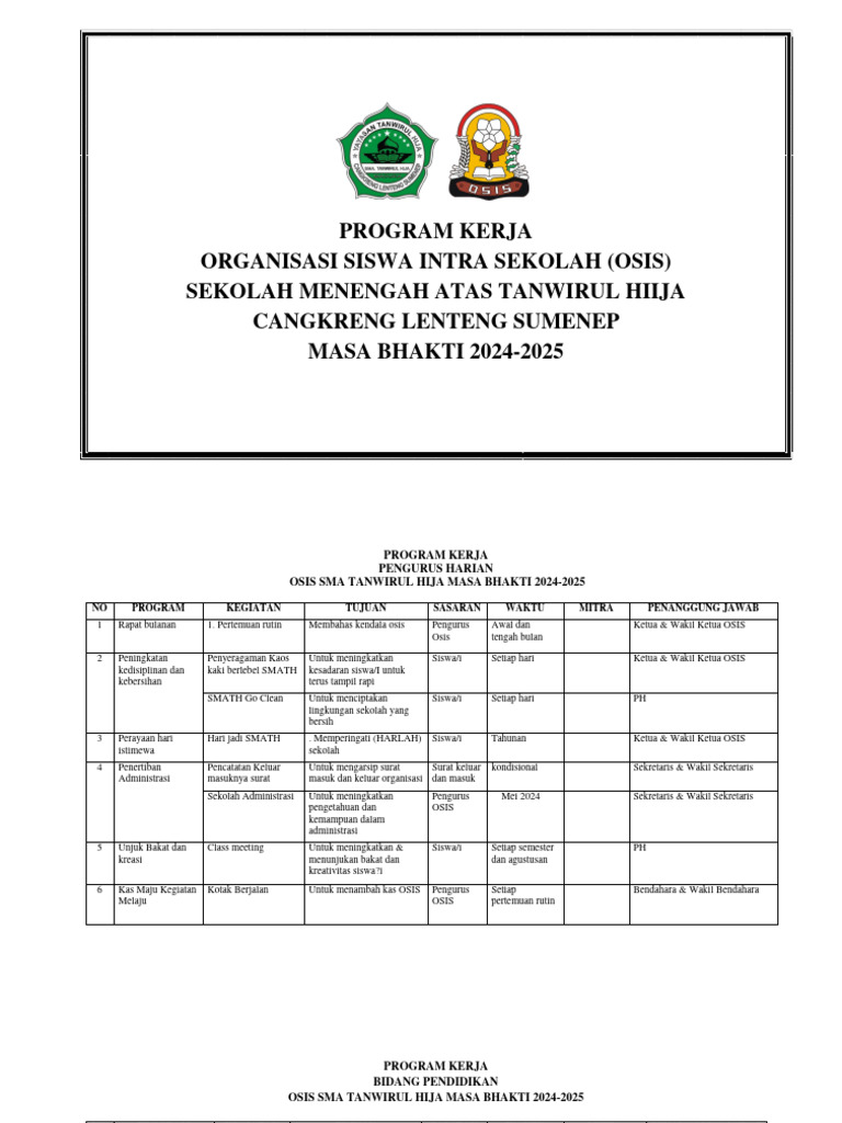 PROGRAM KERJA OSIS 2024-2025 | PDF