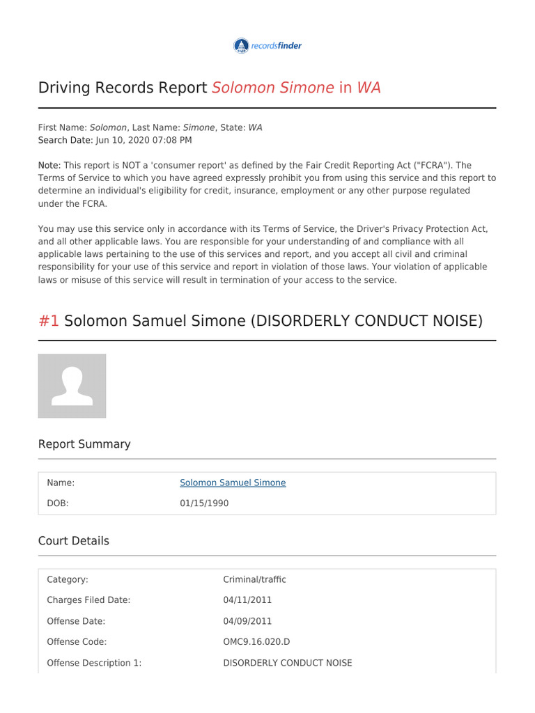 Driving Records Report On Solomon Simone in WA | PDF