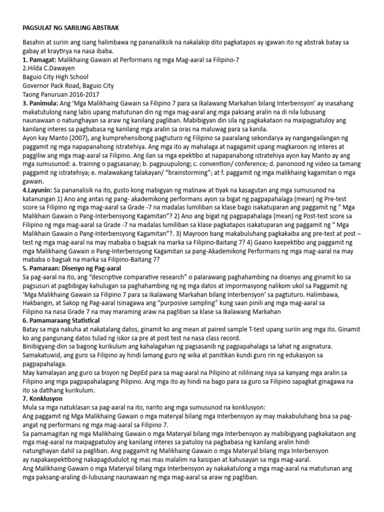 PAGSULAT NG SARILING ABSTRAK Activity | PDF