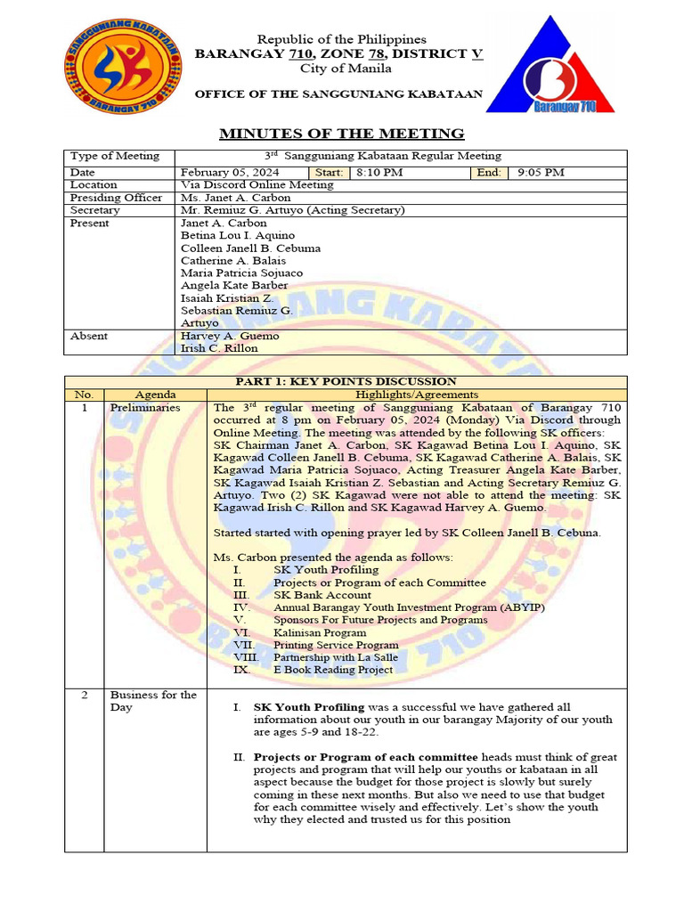 3rd-SANGGUNIANG-KABATAAN-REGULAR-MEETING_MINUTES-OF-THE-MEETING | PDF