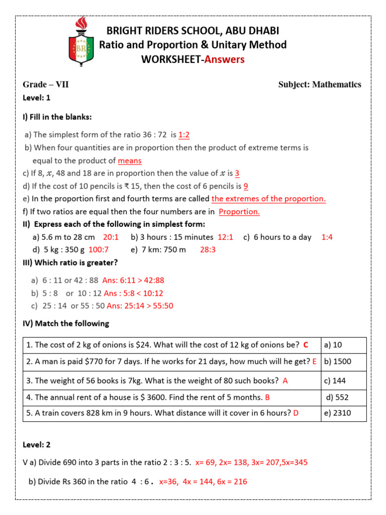 GR 7 Ratio and Proportion 2022-23 WS-AK | PDF | Ratio | Metrology