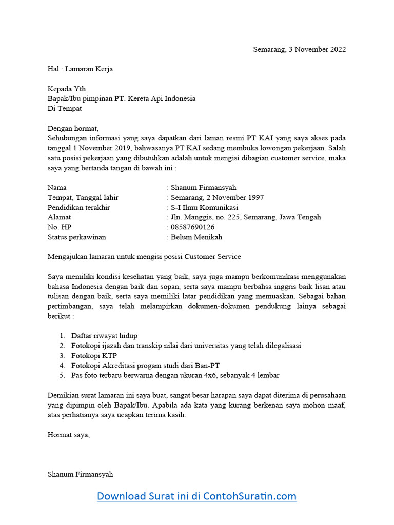 108 - Contoh Surat Lamaran Kerja Di PT KAI Untuk Posisi Customer Service | PDF