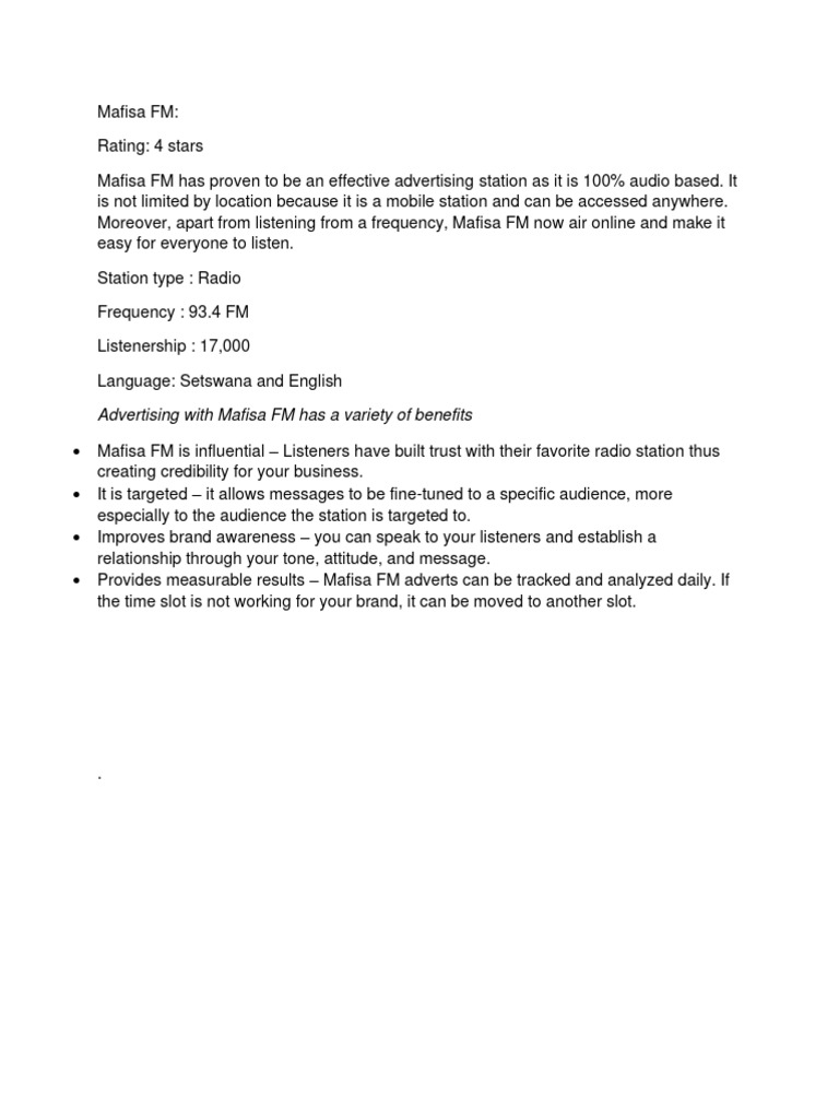 Mafisa FM: Effective Advertising Radio | PDF