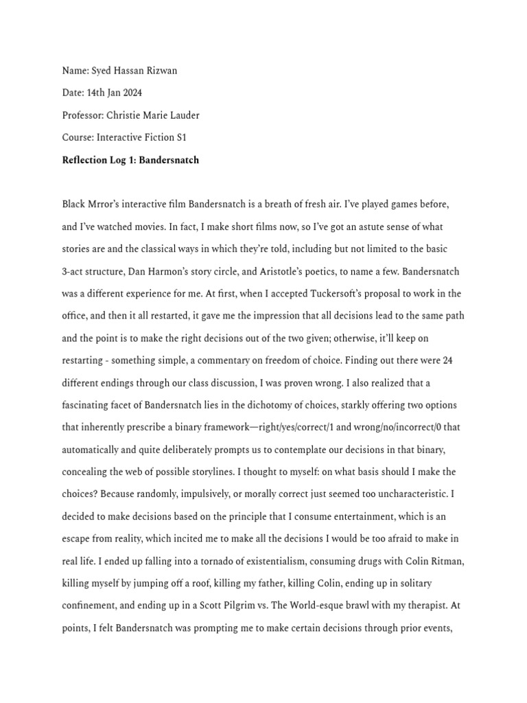 Reflection Log 1 - Bandersnatch | PDF