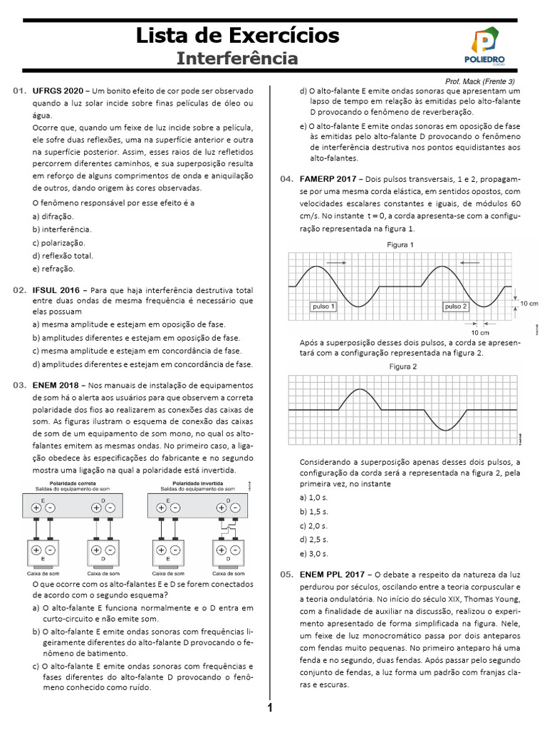 3º Ano 2020 Lista de Exercícios Interferência | PDF | Ondas | Ótica
