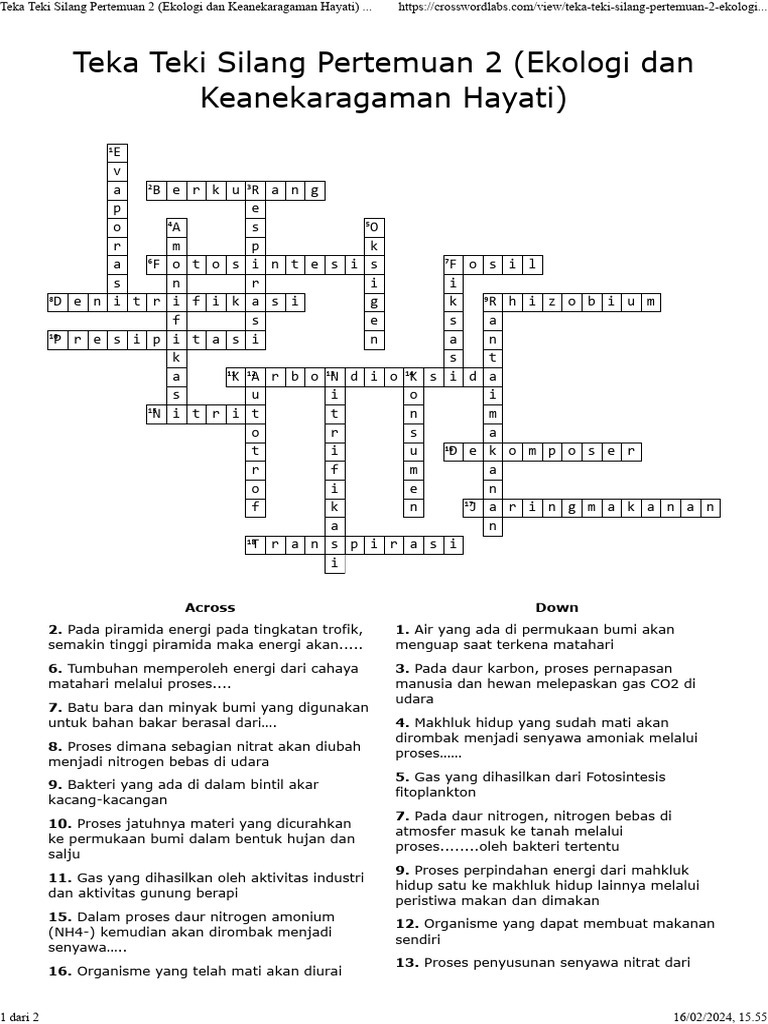KJ Teka Teki Silang Pertemuan 2 (Ekologi Dan Keanekaragaman Hayati) - Crossword Labs | PDF