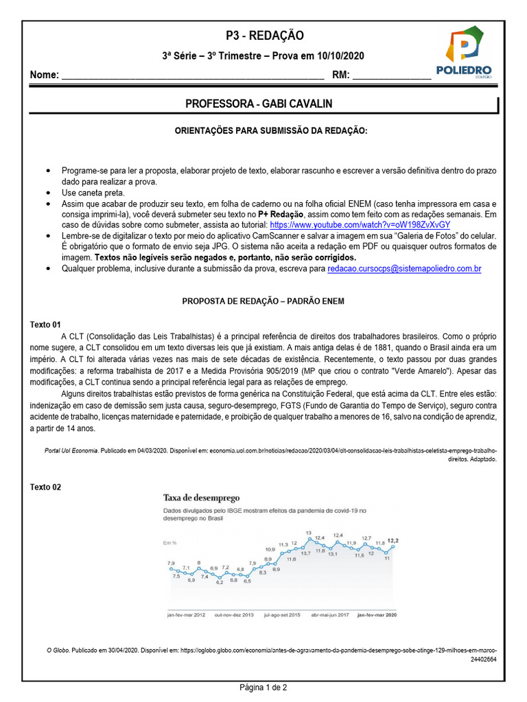3 Série - 3º Tri - P3 - Redação - Prof Gabi Cavalin | PDF