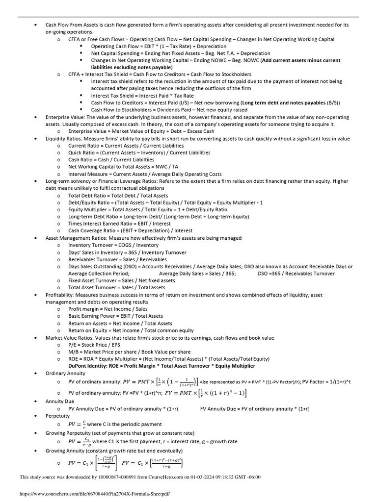 Fin2704X Formula Sheet PDF | PDF | Equity (Finance) | Debt
