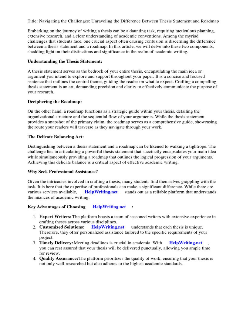 Difference Between Thesis Statement and Roadmap | PDF | Thesis | Essays Difference Between Thesis Statement and Roadmap | PDF | Thesis | Essays
