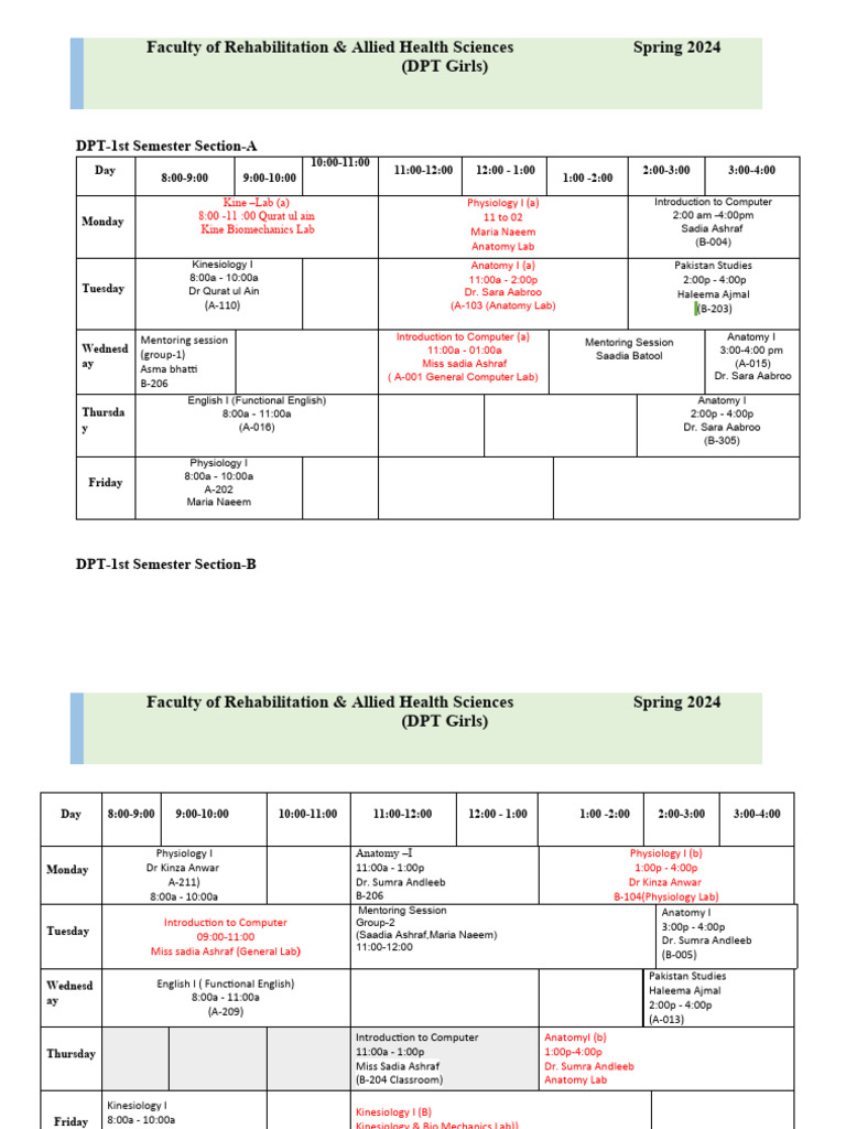 DPT Spring 2024 Timetable | PDF | Physical Therapy | Medicine