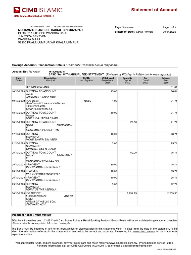 Statement Cimb Nov | Download Free PDF | Banks | Personal Finance