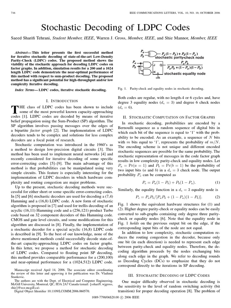Stochastic Decoding of LDPC Codes | PDF